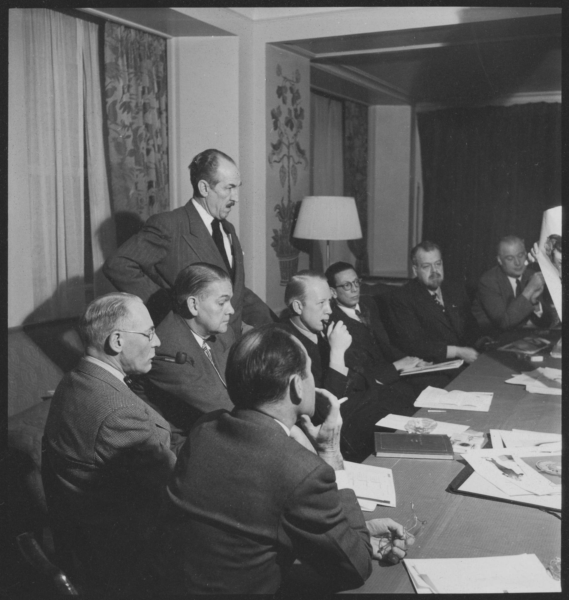 Left to right: Monroe Wheeler, Egbert Jacobson, Arthur T. Blomquist ...