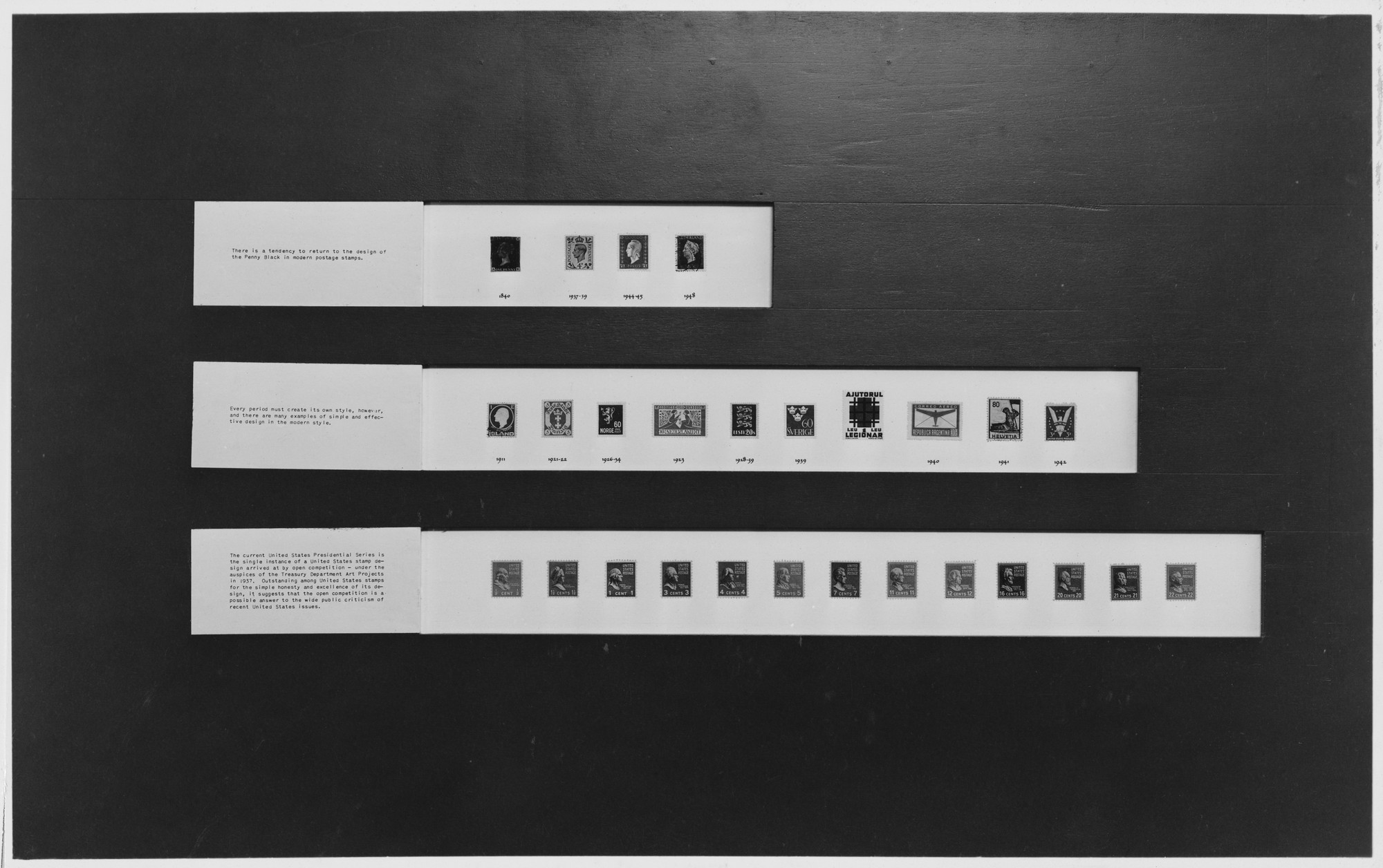 Installation view of the exhibition "Postage Stamp Design." | MoMA
