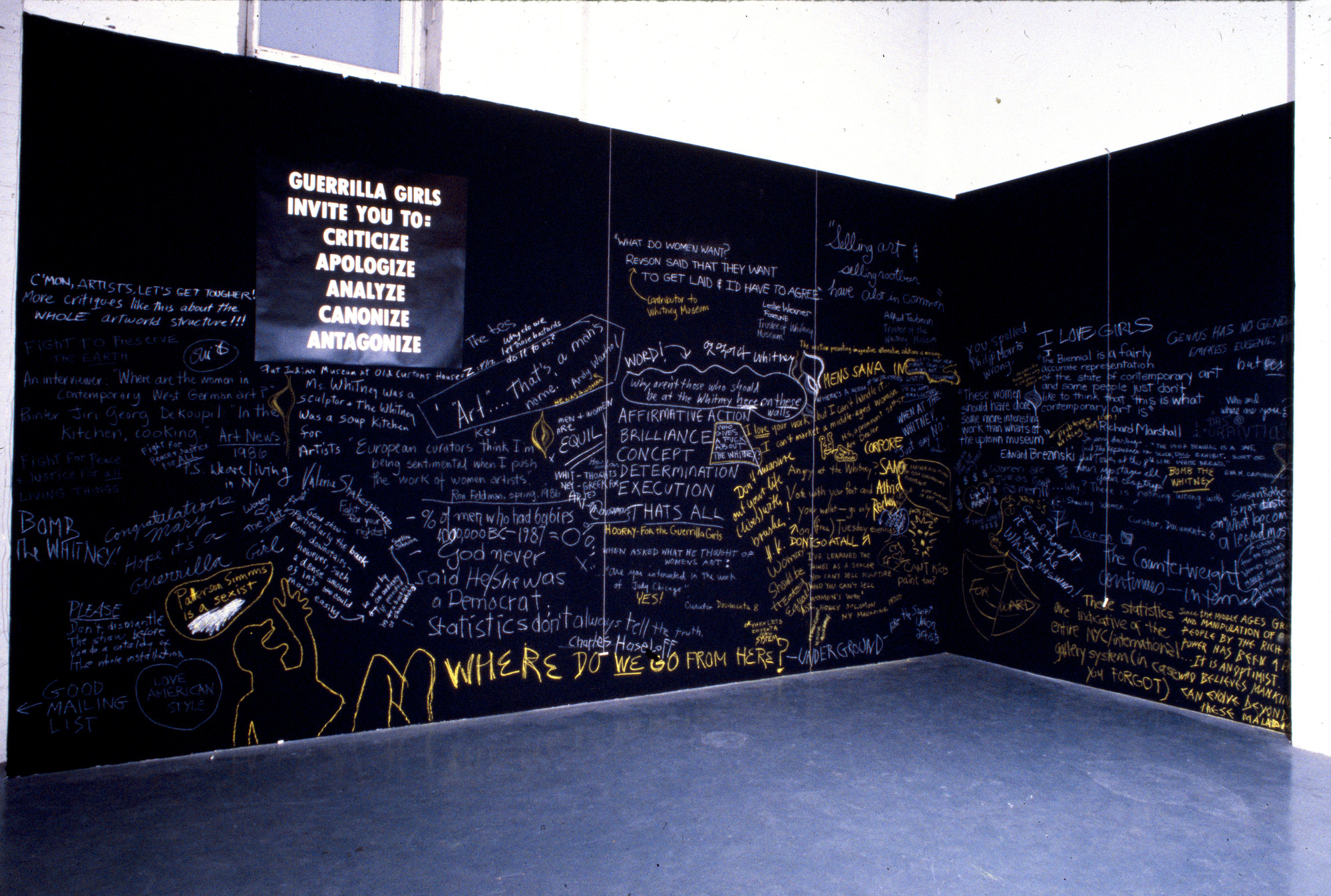 Installation view of the exhibition "Guerrilla Girls Review the Whitney ...