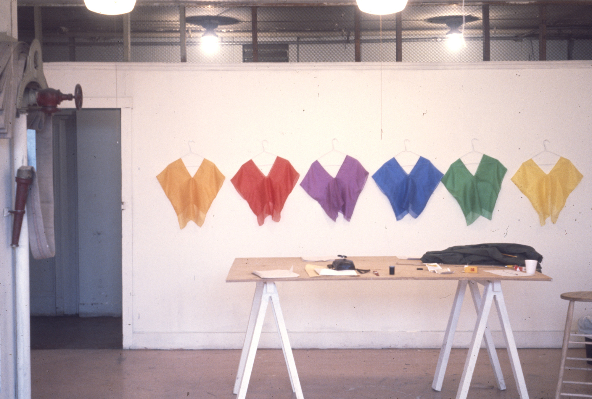 Installation view of "Spectrum Vest" silk pieces in the exhibition ...