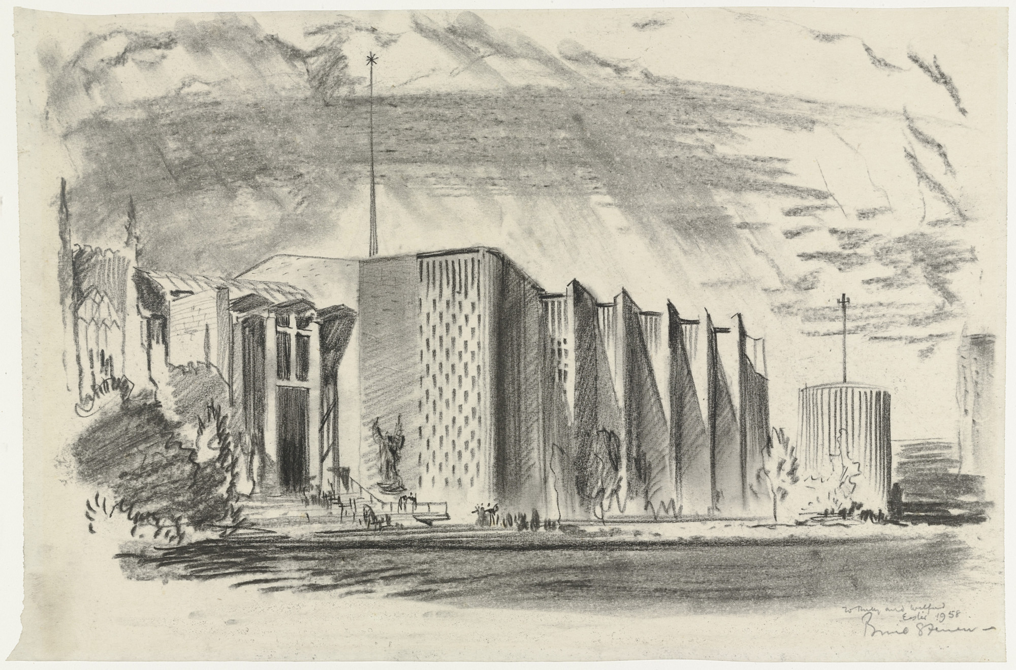 Basil Spence. Coventry Cathedral, Coventry, England, Perspective sketch ...