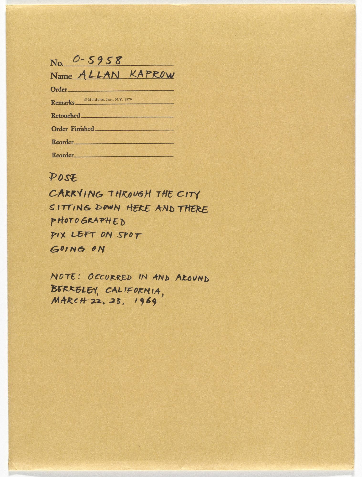Allan Kaprow. Pose, March 22, 1969 Continued 1970 – from Artists ...