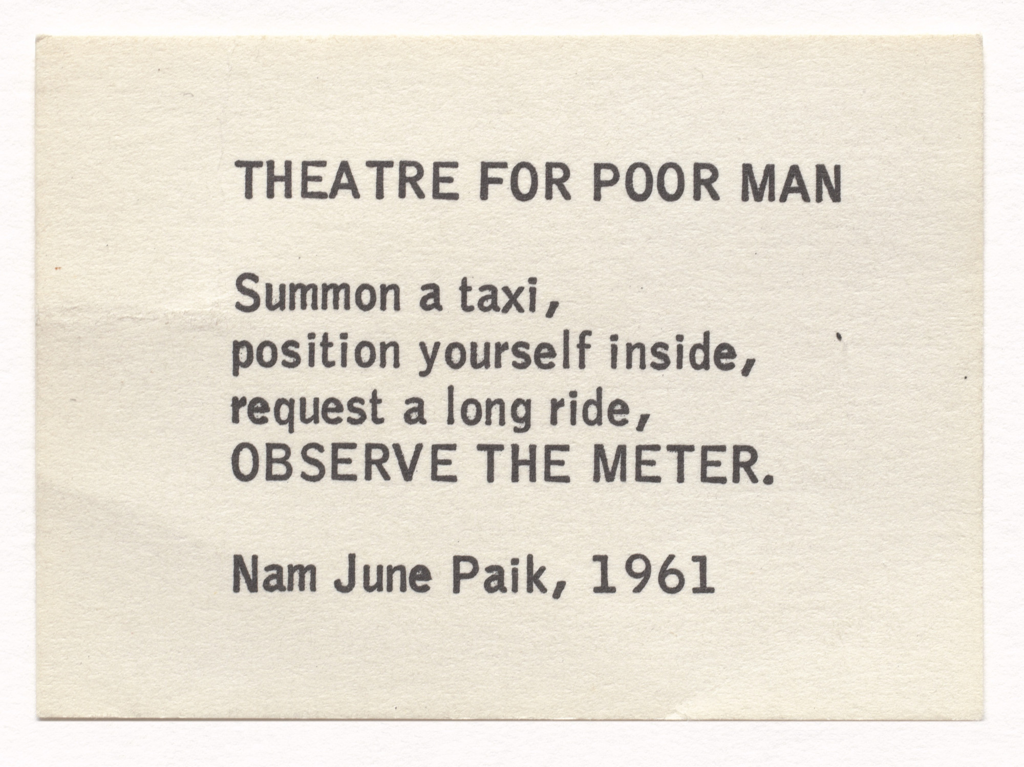 Nam June Paik. Theatre for Poor Man. 1961 | MoMA