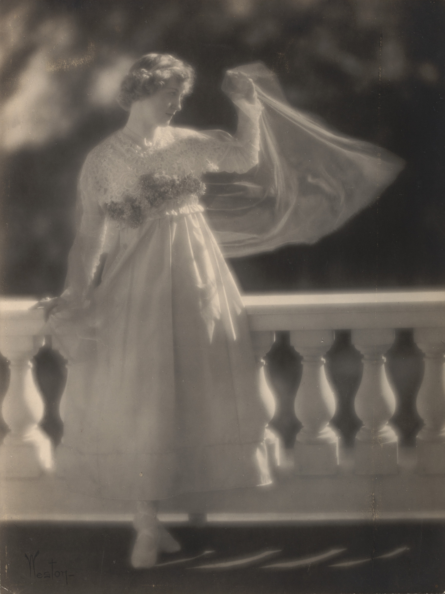 Edward Weston. Violet Romer. (standing by balustrade with raised arm ...