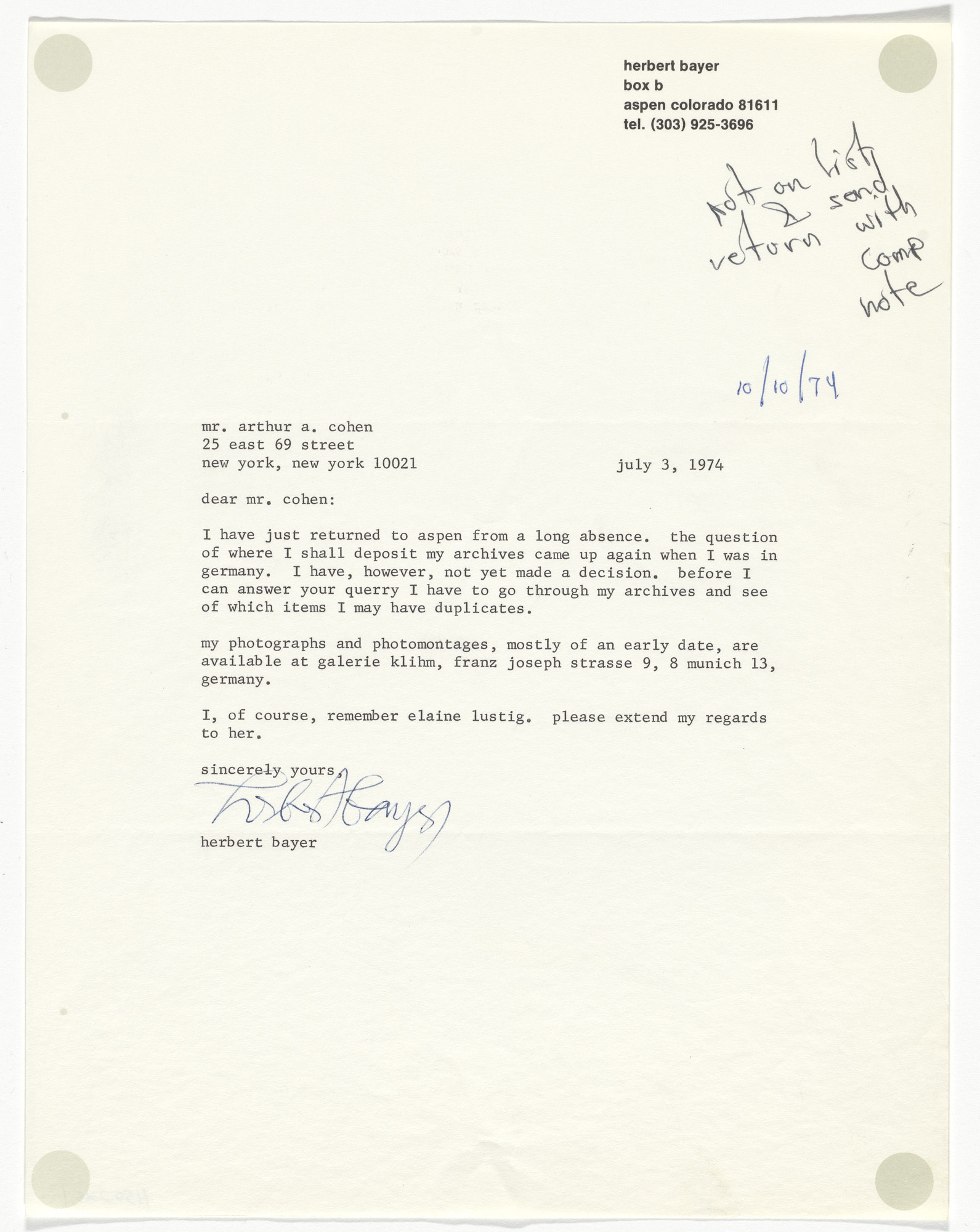 Herbert Bayer. Herbert Bayer letterhead (Letter to Arthur A. Cohen ...