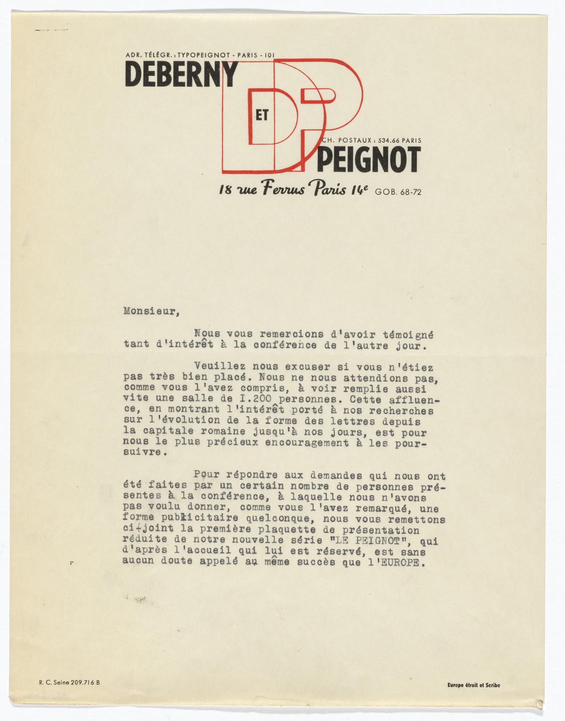 Deberny et Peignot, Paris. Deberny et Peignot letterhead (Typed letter ...