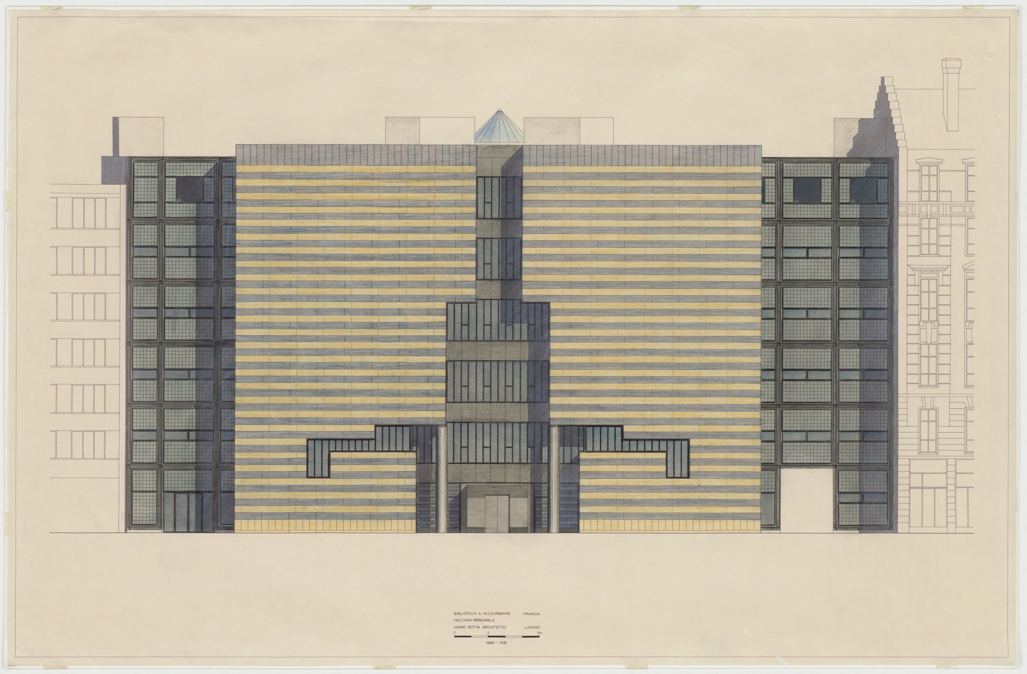 Mario Botta. Library, Villeurbanne, France, Principal-facade elevation ...