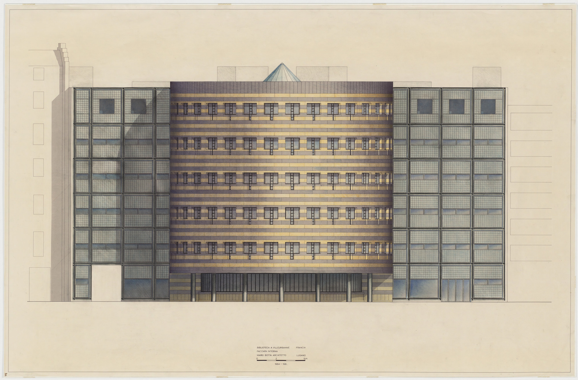 Mario Botta. Library, Villeurbanne, France, Interior rear elevation ...