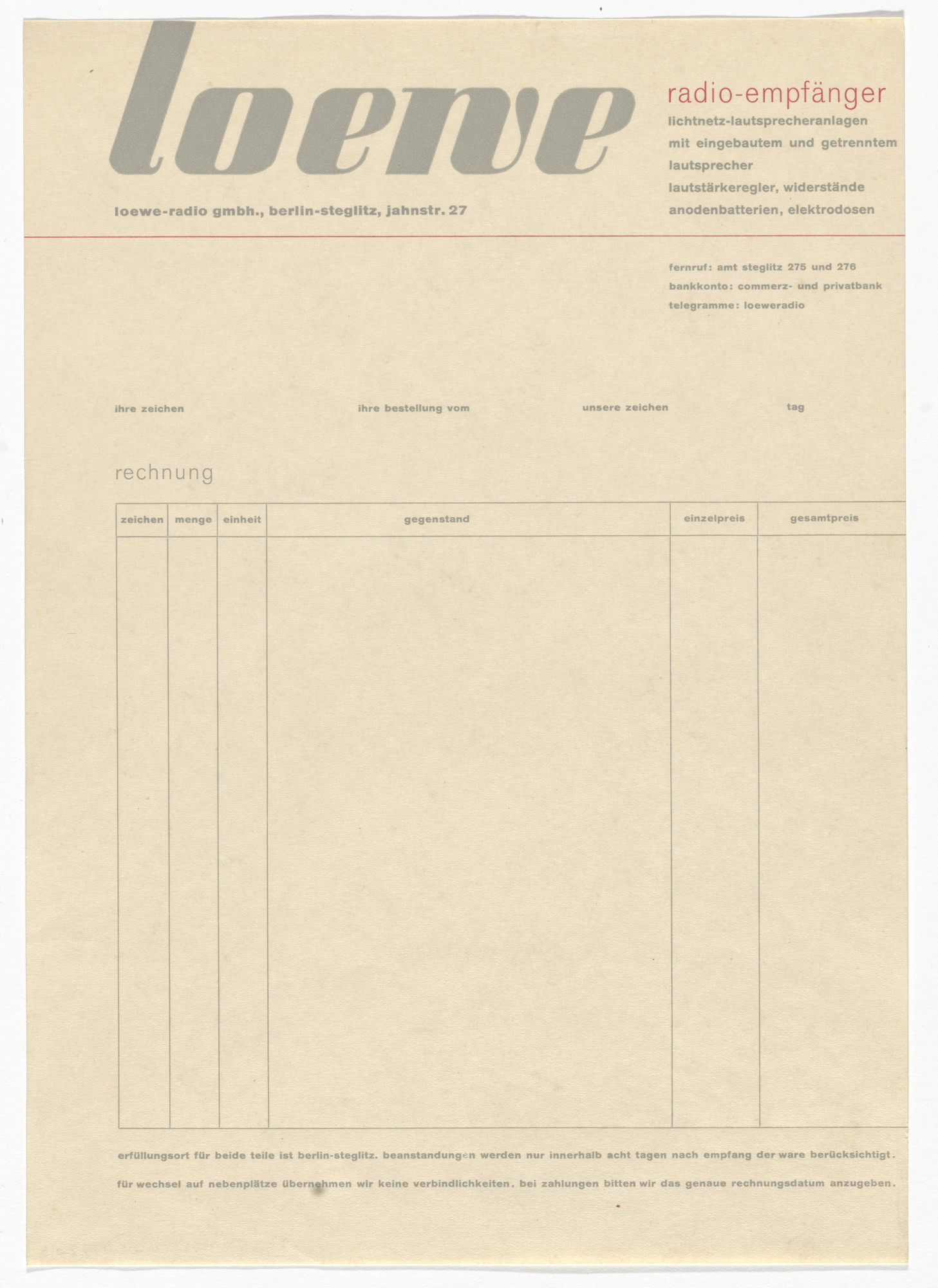 Erich Comeriner. Loewe--Radio GmbH stationery invoice. 1930s | MoMA