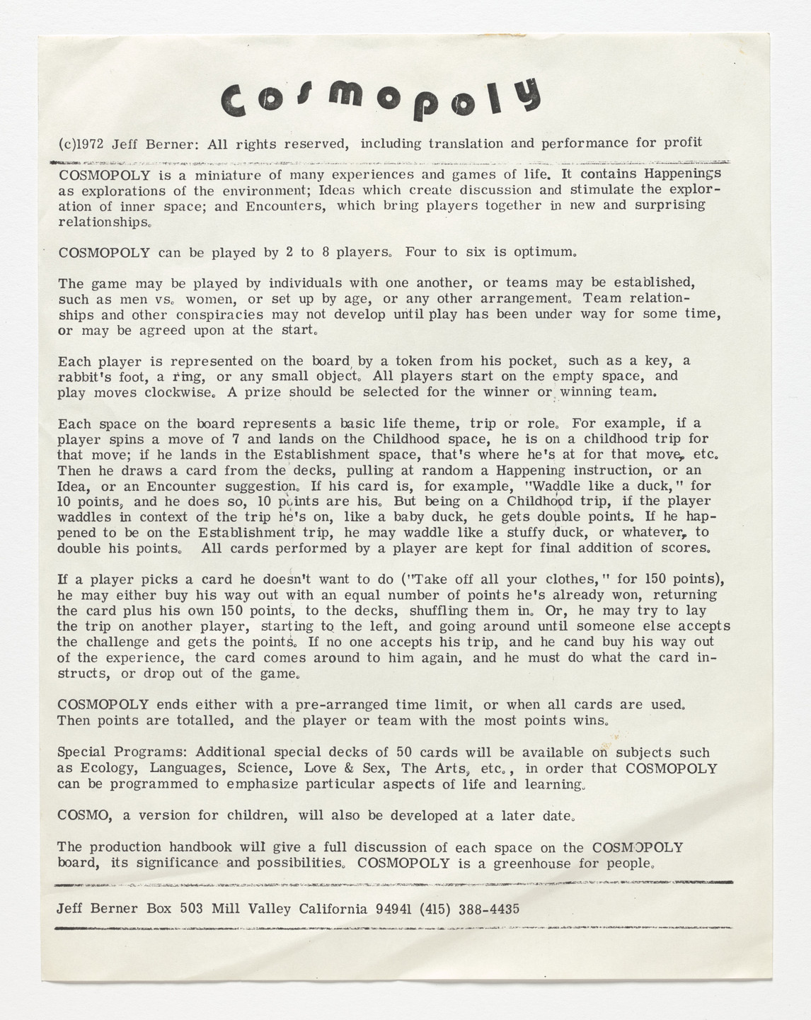 Jeff Berner. Prototype for Cosmopoly. 1967–72 | MoMA