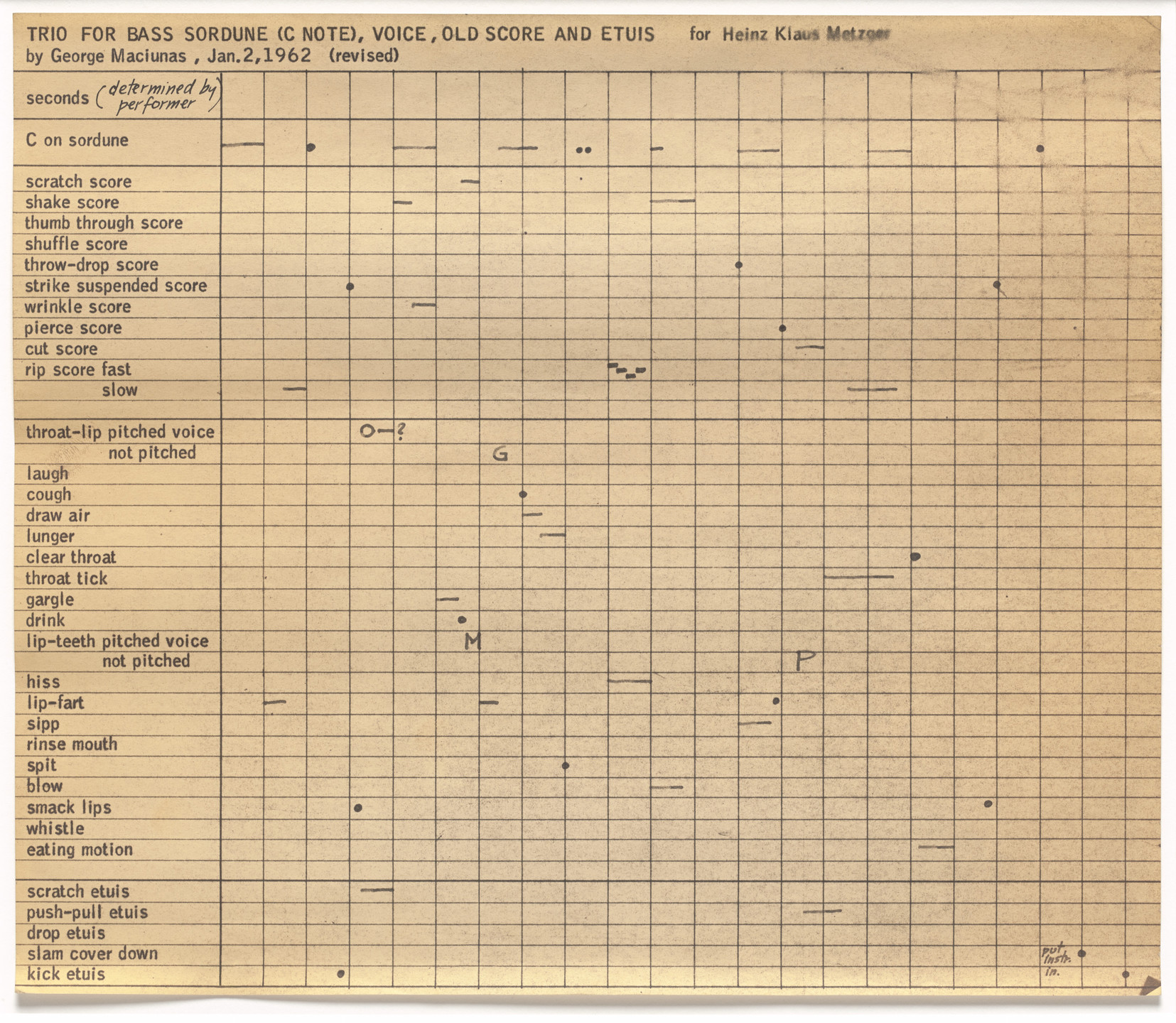 George Maciunas. Trio for Bass Sordune (C Note), Voice, Old Score and ...