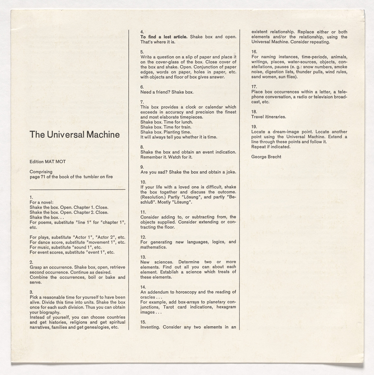 George Brecht. The Universal Machine. 1965 | MoMA