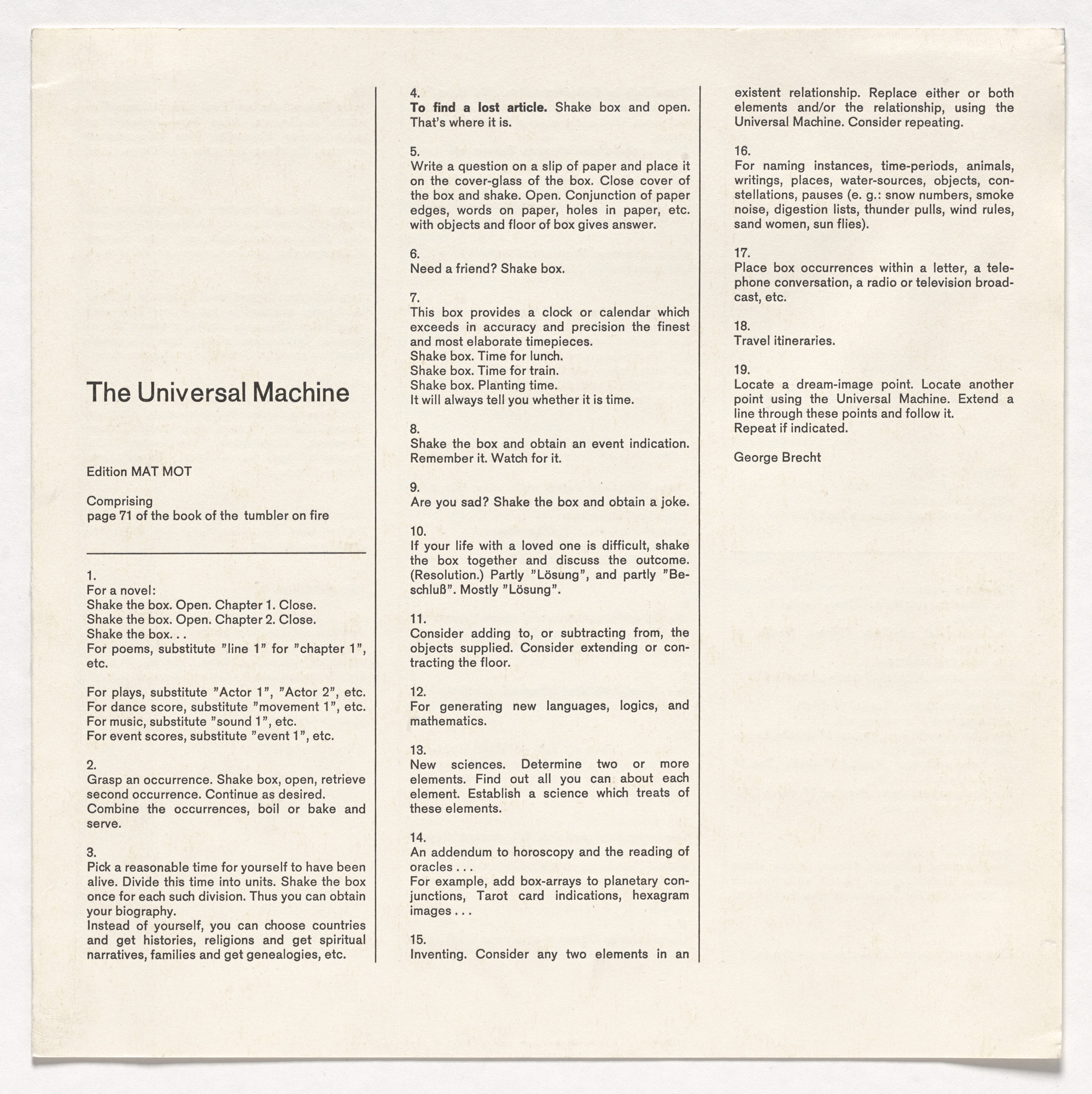 George Brecht. The Universal Machine. 1965 | MoMA