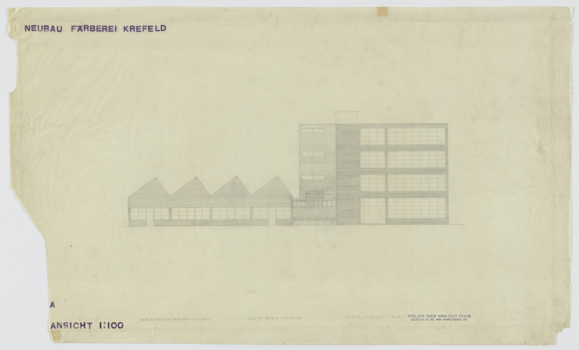 Ludwig Mies van der Rohe. United Silk-Weaving Mills Factory Building ...