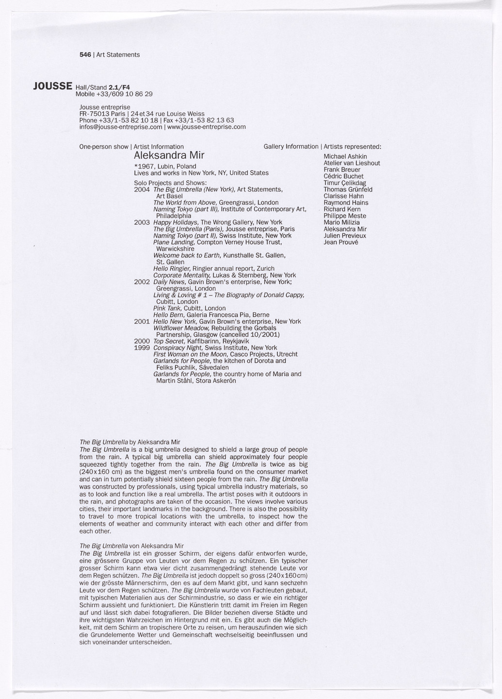 Aleksandra Mir. Press release for Baloise Art Prize at Art 35 Basel ...