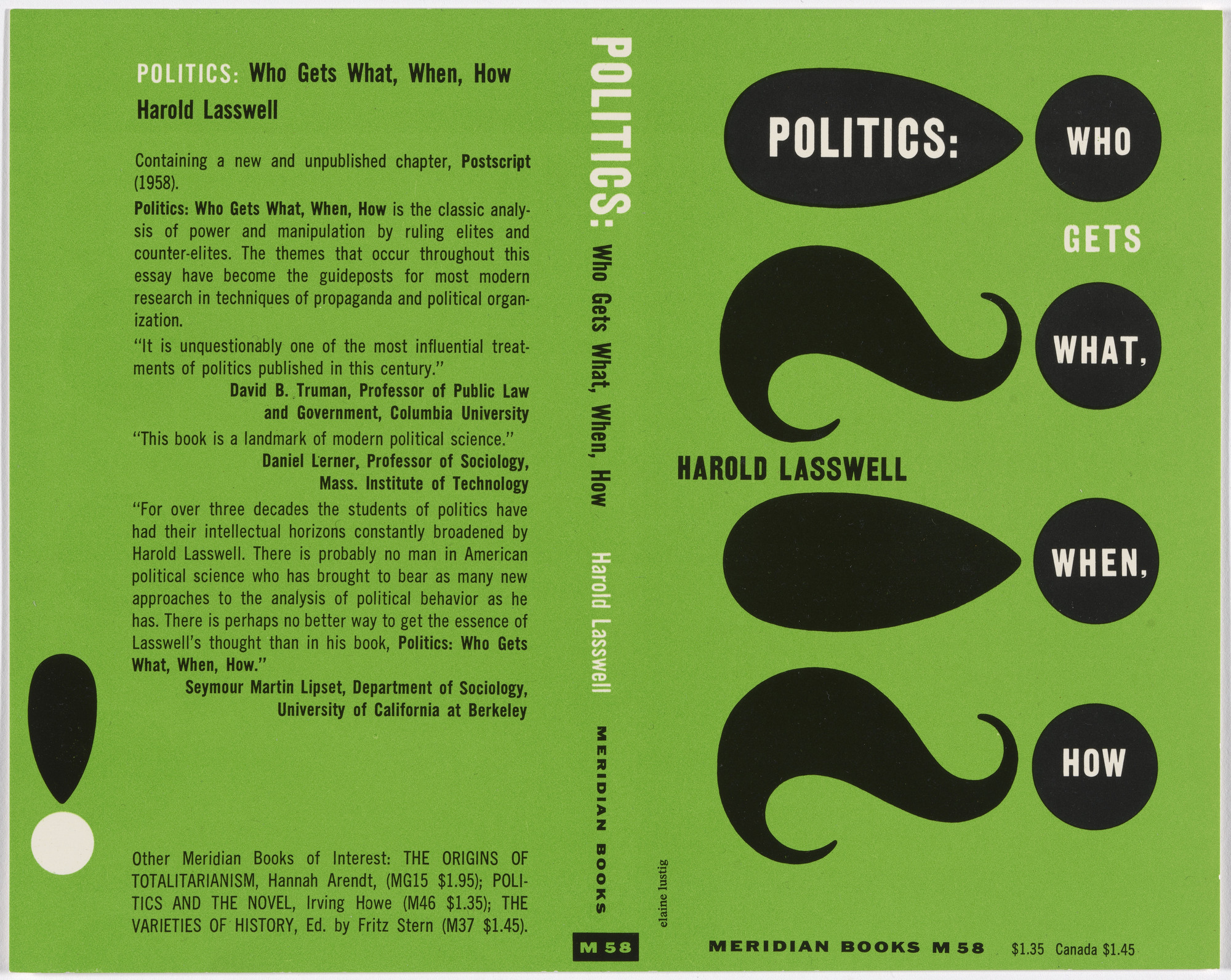 Elaine Lustig Cohen. Book cover for "Politics: Who Gets What, When, How ...