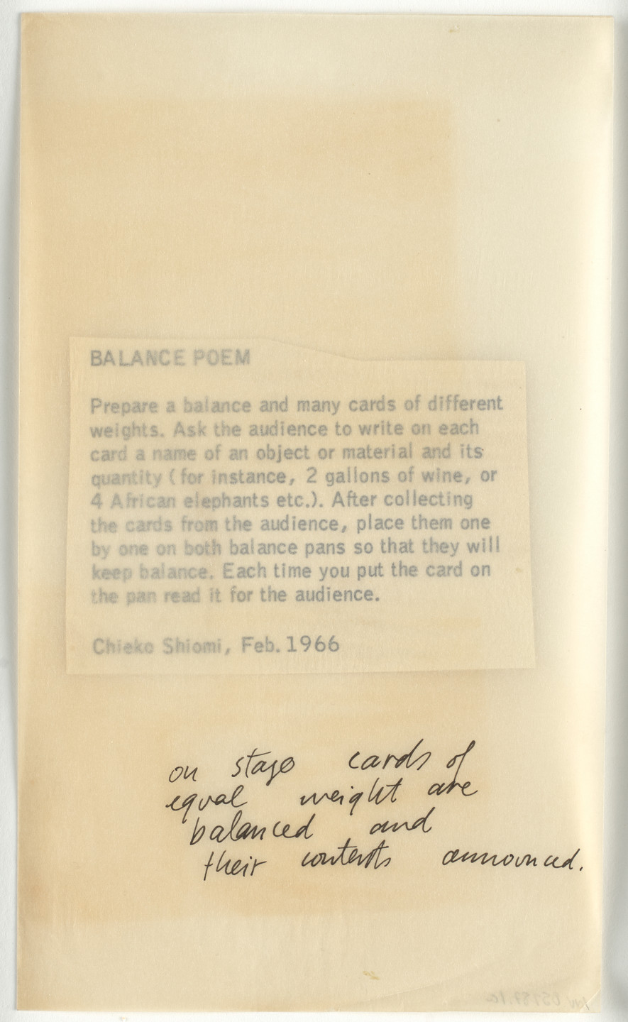 George Maciunas, Mieko Shiomi. Mechanical for Balance Poem. 1966 | MoMA