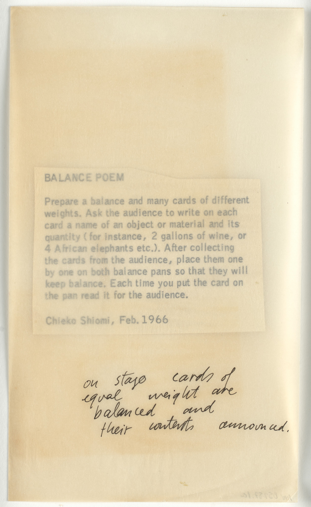 George Maciunas, Mieko Shiomi. Mechanical for Balance Poem. 1966 | MoMA