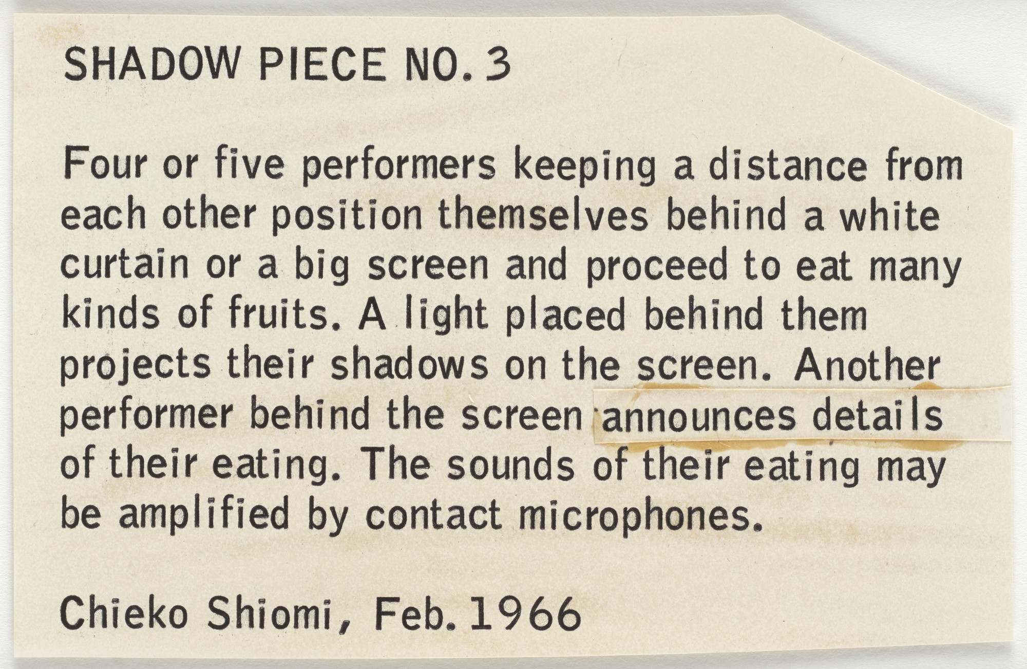 George Maciunas, Mieko Shiomi. Mechanical for Shadow Piece No. 3. 1966 ...