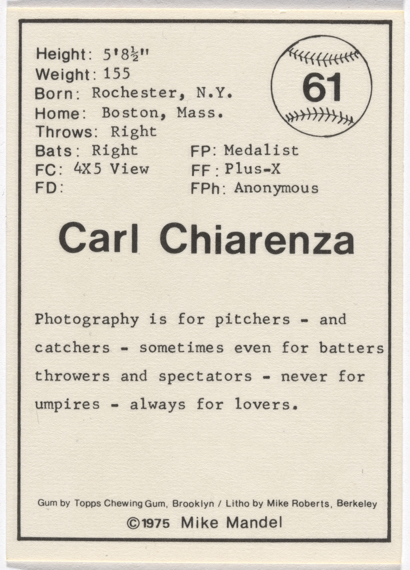 Michael Mandel. Untitled (Baseball photographer trading cards). 1975 | MoMA