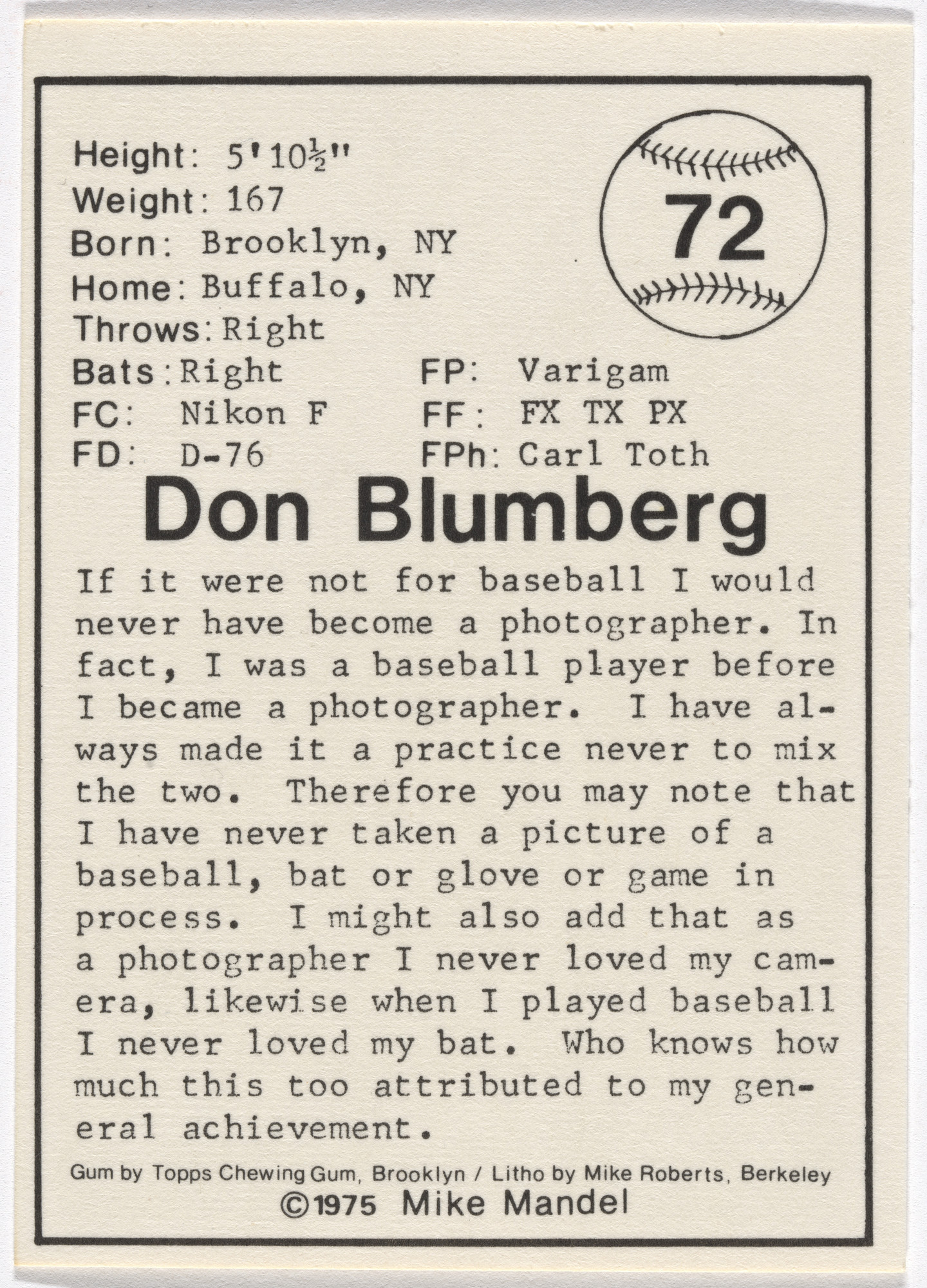 Michael Mandel. Untitled (Baseball photographer trading cards). 1975 | MoMA