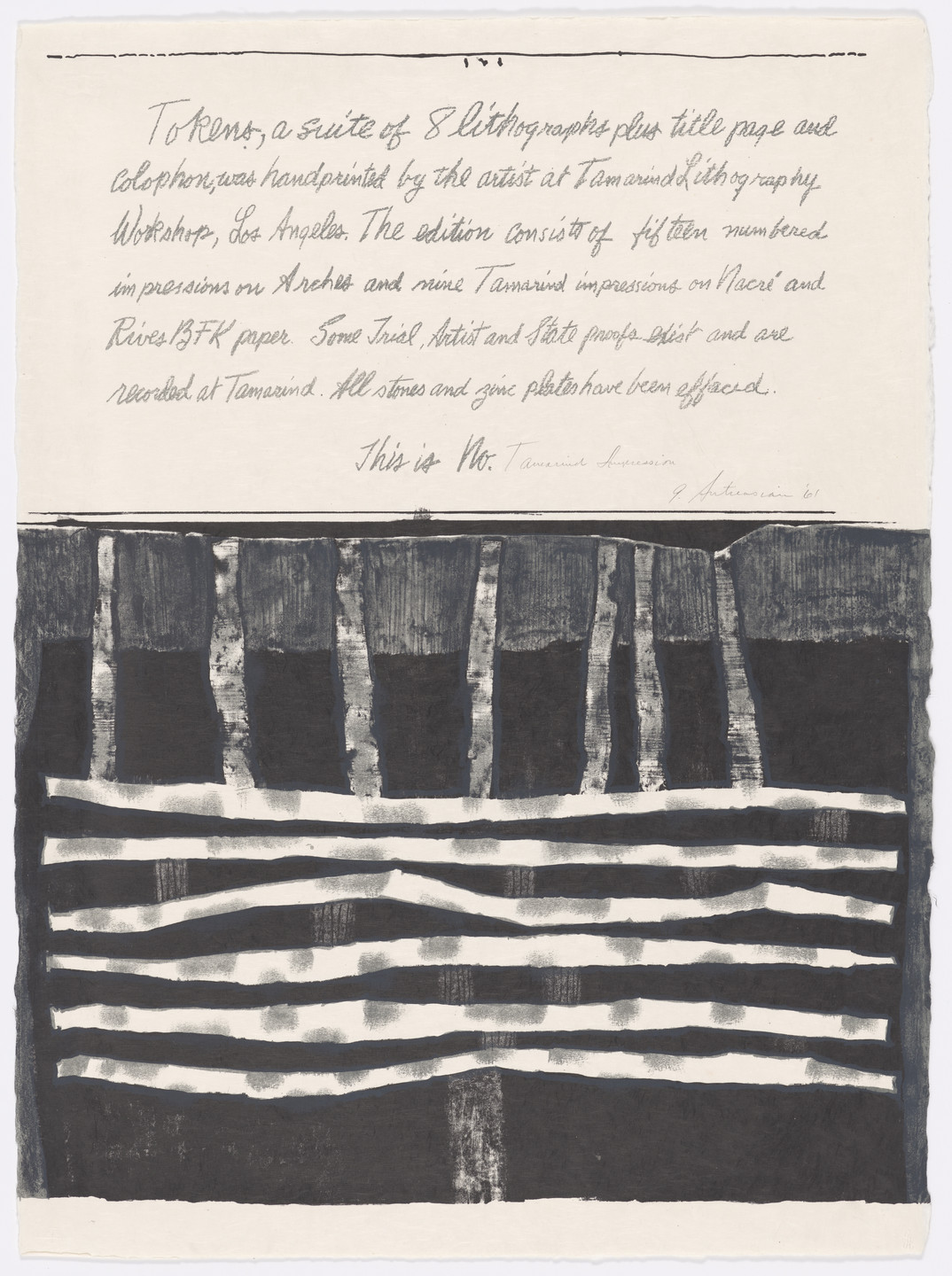 Garo Antreasian. Colophon page fromTokens. 1961 | MoMA