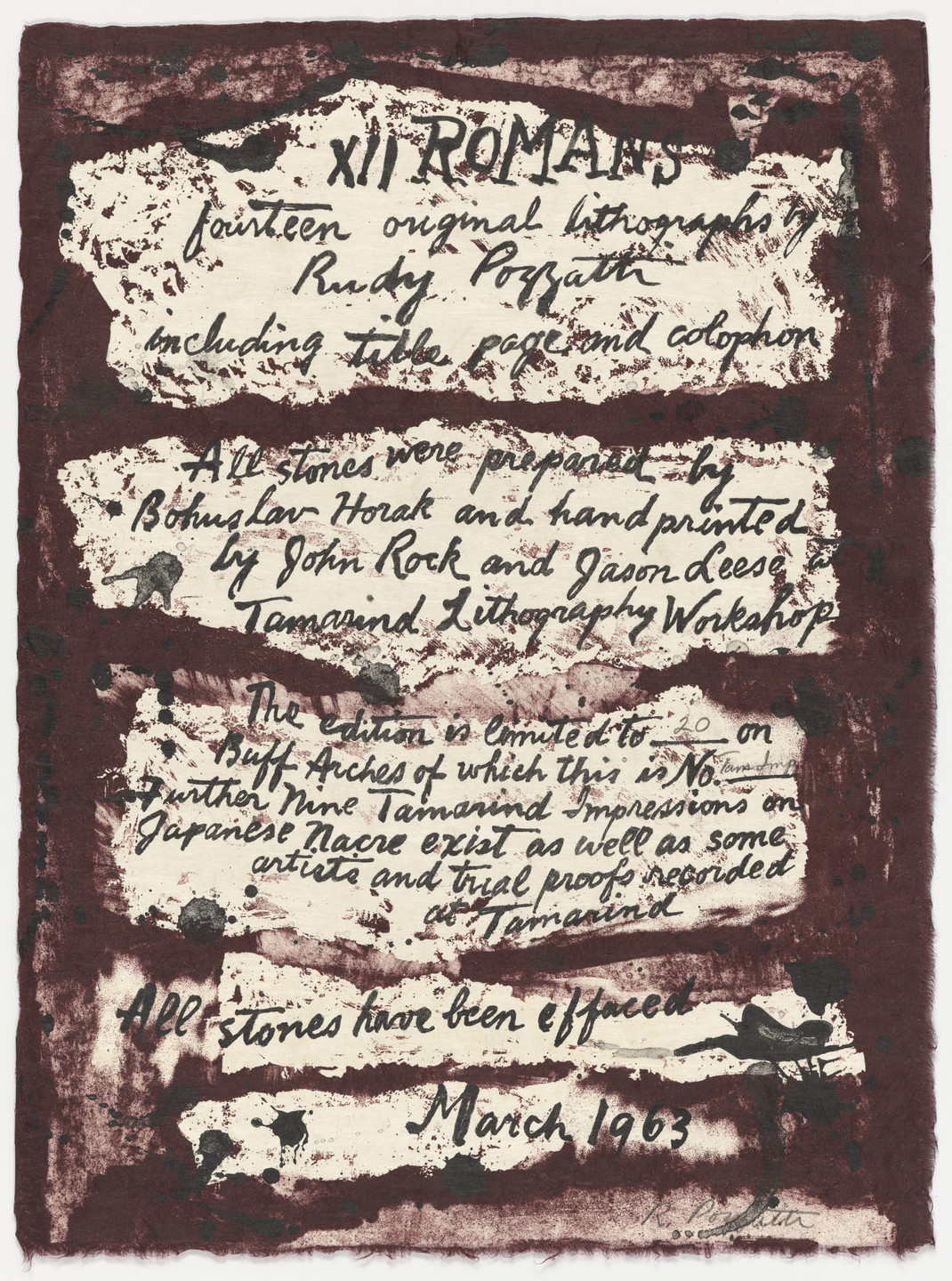 Rudy Pozzatti. Colophon page from the portfolio XII ROMANS. 1963 | MoMA