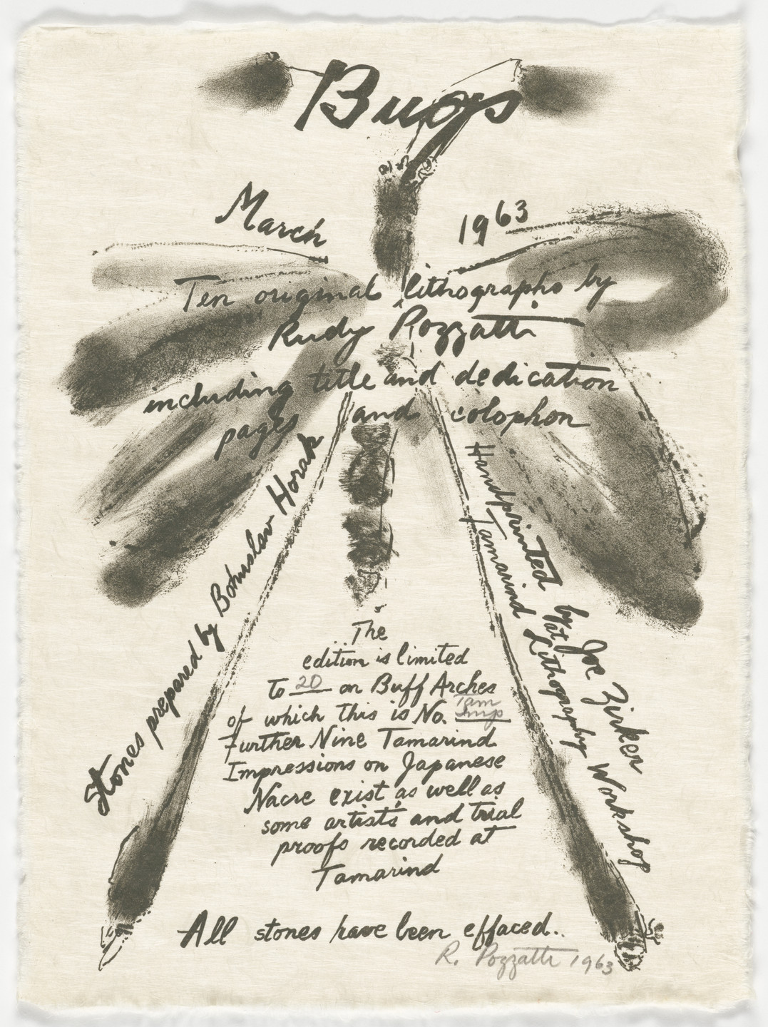 Rudy Pozzatti. Colophon page from the portfolio Bugs. 1963 | MoMA