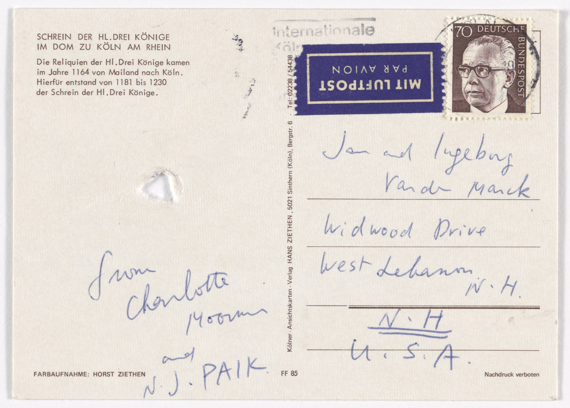 Nam June Paik, Charlotte Moorman. Postcard from Nam June Paik to Jan ...