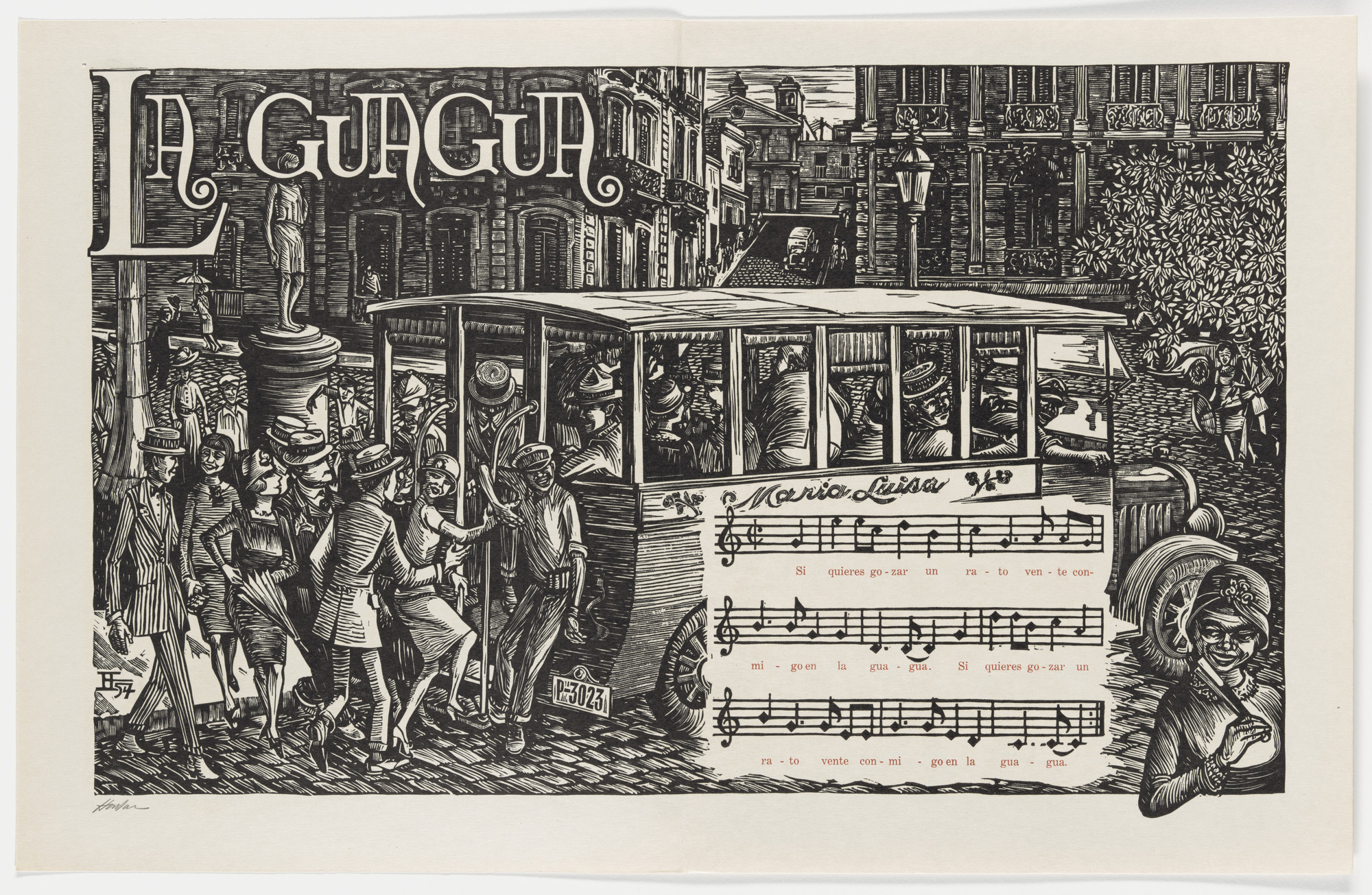 Lorenzo Homar. La Guagua (The Bus) (double page in-text plate, folios ...