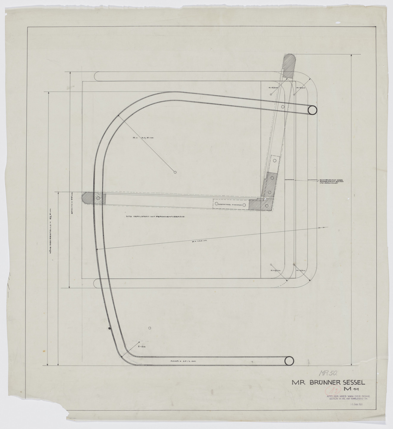 Ludwig Mies van der Rohe. Brno Chair (Side elevation, plan, detail ...