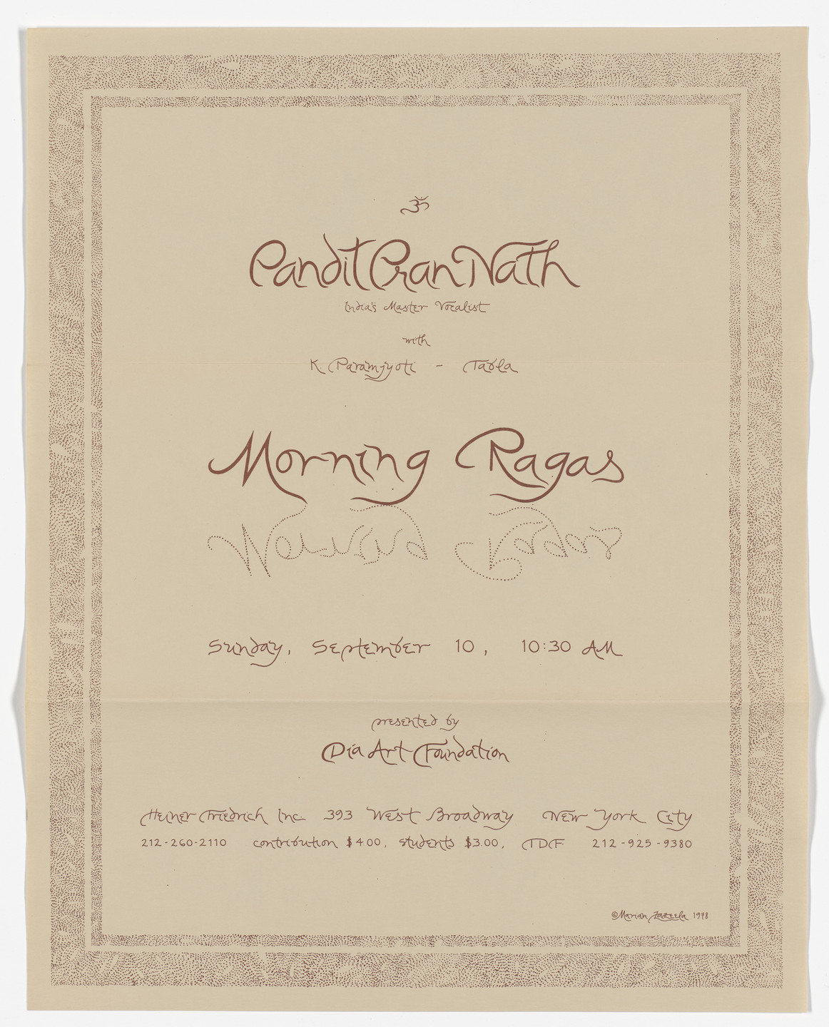 Marian Zazeela. Poster for Pandit Pran Nath, Morning Ragas, Dia Art ...