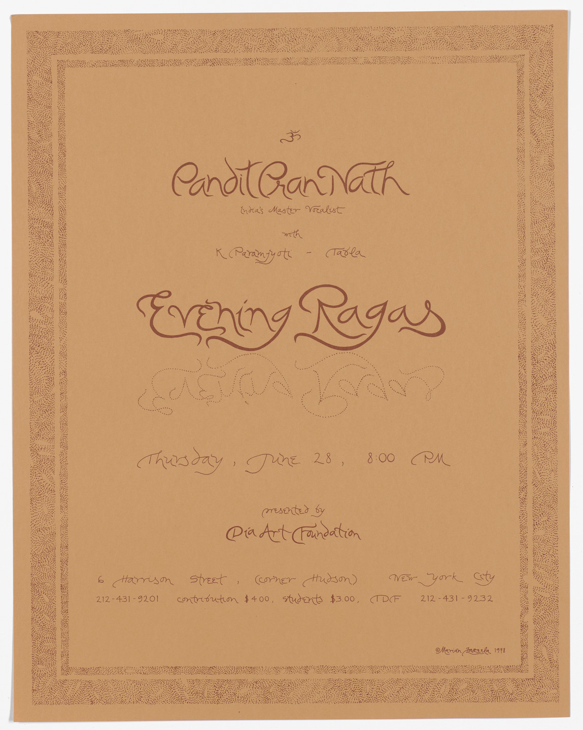 Marian Zazeela. Poster for Pandit Pran Nath, Evening Ragas, Dia Art ...
