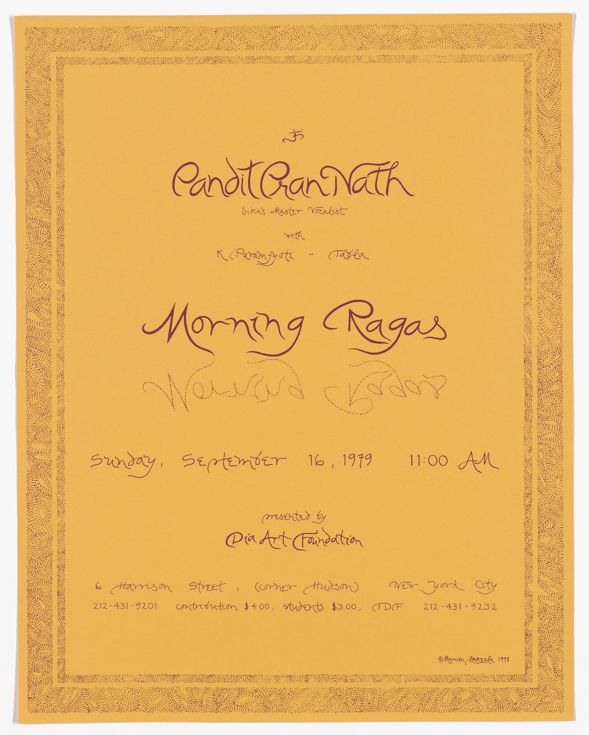 Marian Zazeela. Poster for Pandit Pran Nath, Morning Ragas, Dia Art ...