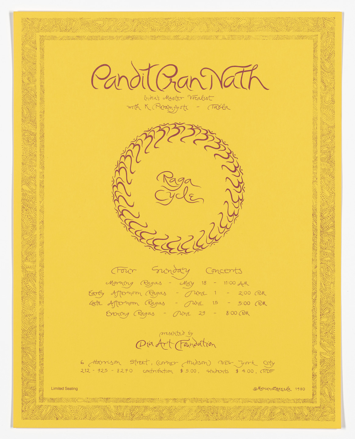 Marian Zazeela. Poster for Pandit Pran Nath, Raga Cycle, Dia Art ...