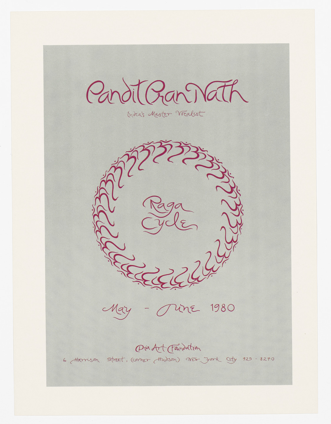 Marian Zazeela. Poster for Pandit Pran Nath, Raga Cycle, Dia Art ...
