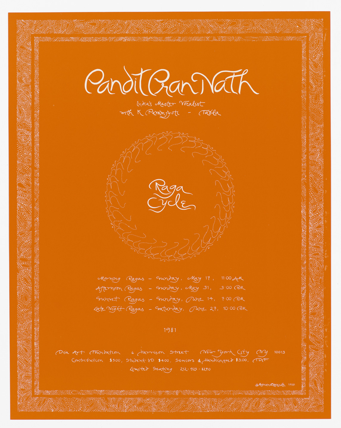 Marian Zazeela. Poster for Pandit Pran Nath, Raga Cycle, Dia Art ...