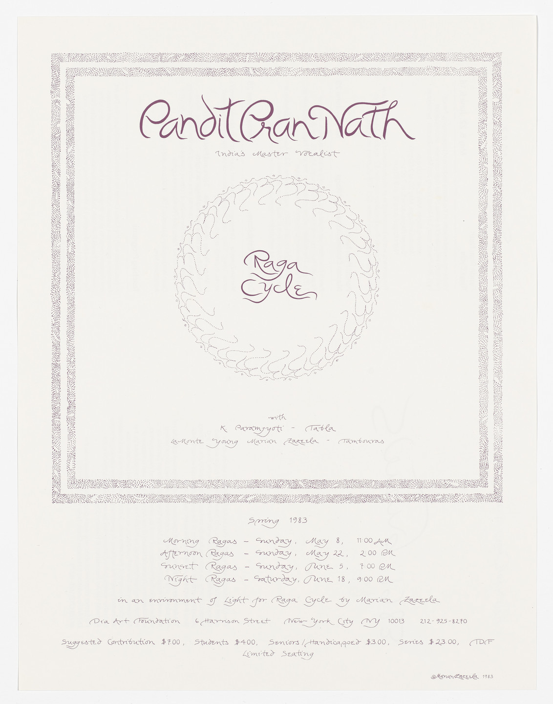 Marian Zazeela. Poster for Pandit Pran Nath, Raga Cycle, Dia Art ...