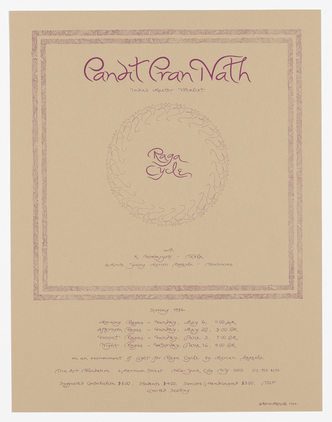 Marian Zazeela. Poster for Pandit Pran Nath, Raga Cycle, Dia Art ...