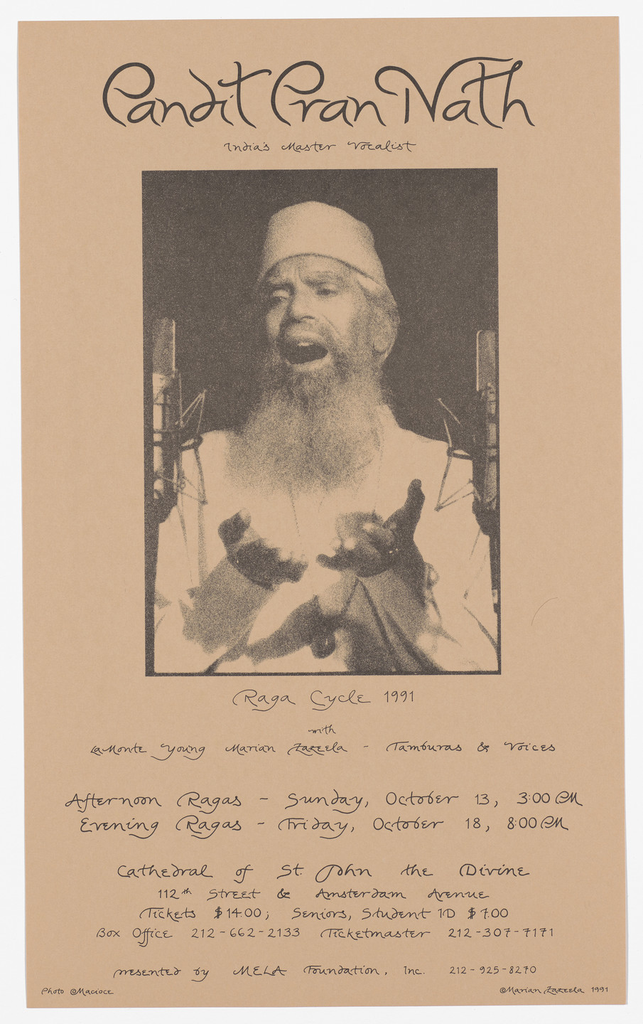 Marian Zazeela. Poster for Pandit Pran Nath, Raga Cycle, Cathedral of ...