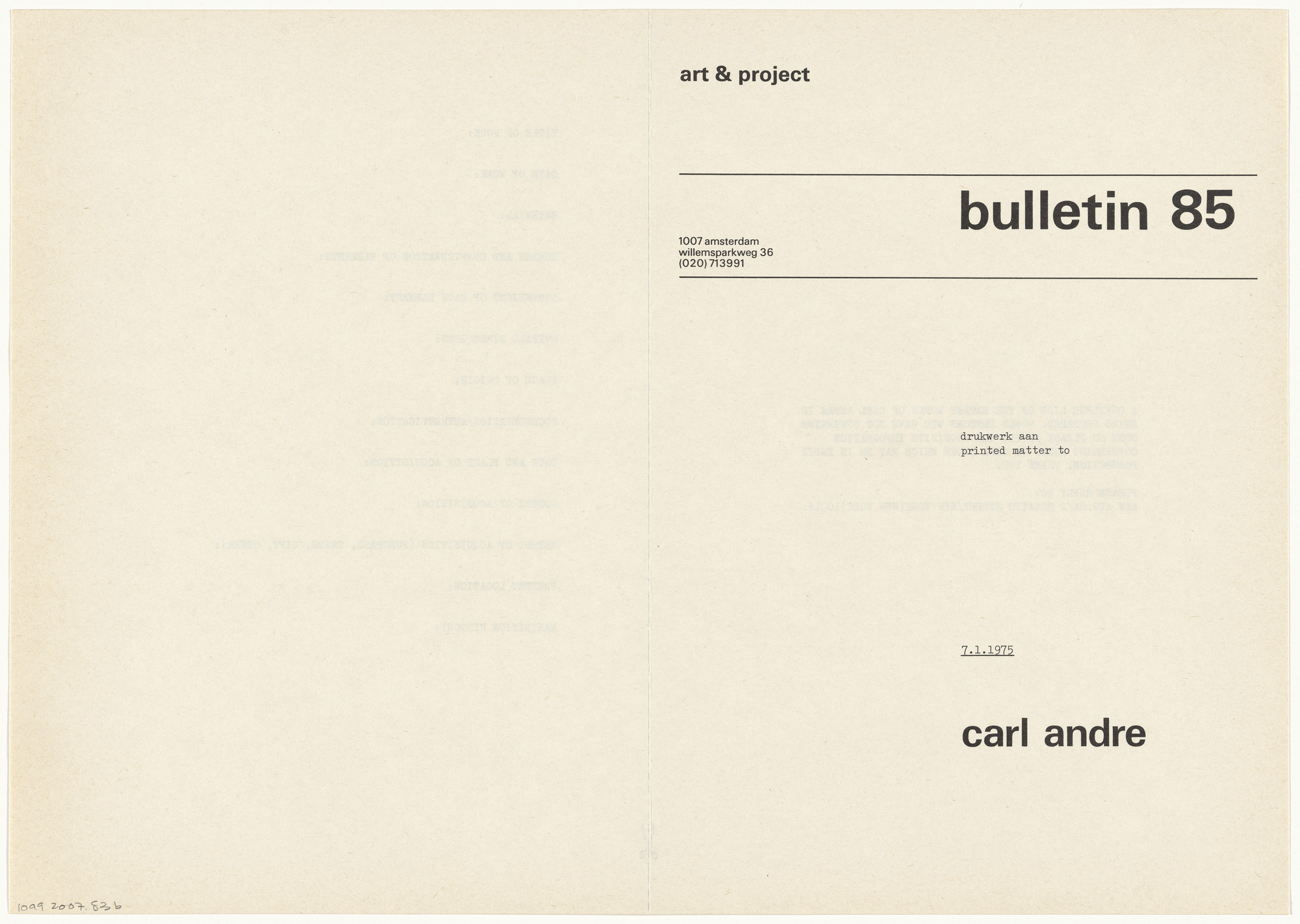 Carl Andre. Art & Project Bulletin #85. 1975 | MoMA