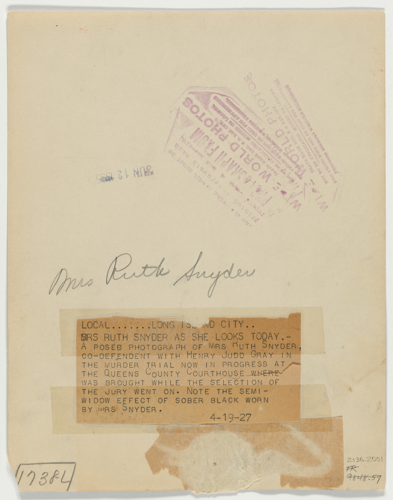 Times Wide World Photos. "Ms. Ruth Snyder as She Looks Today". April ...