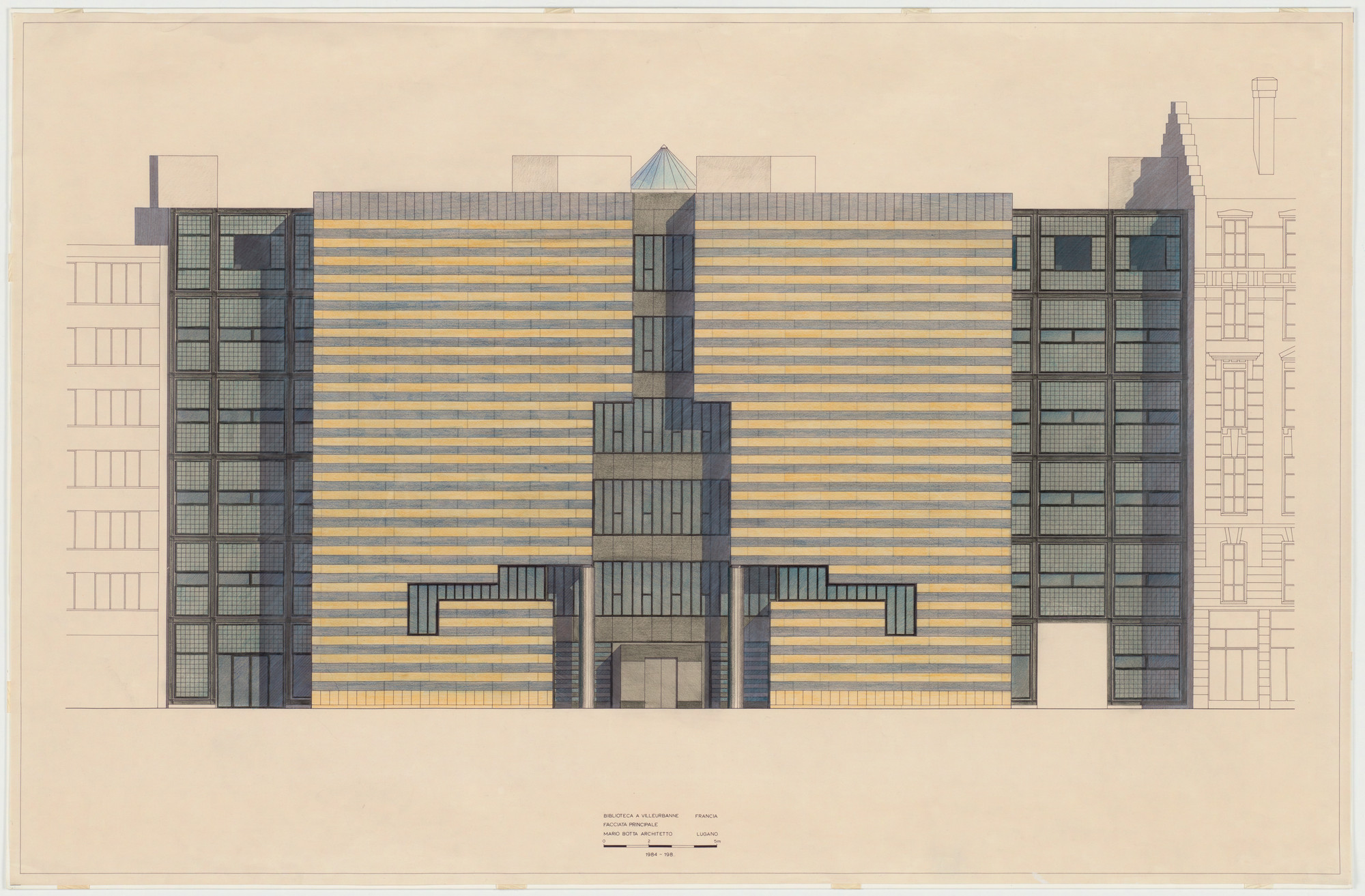 Mario Botta. Library, Villeurbanne, France, Principal-facade elevation ...