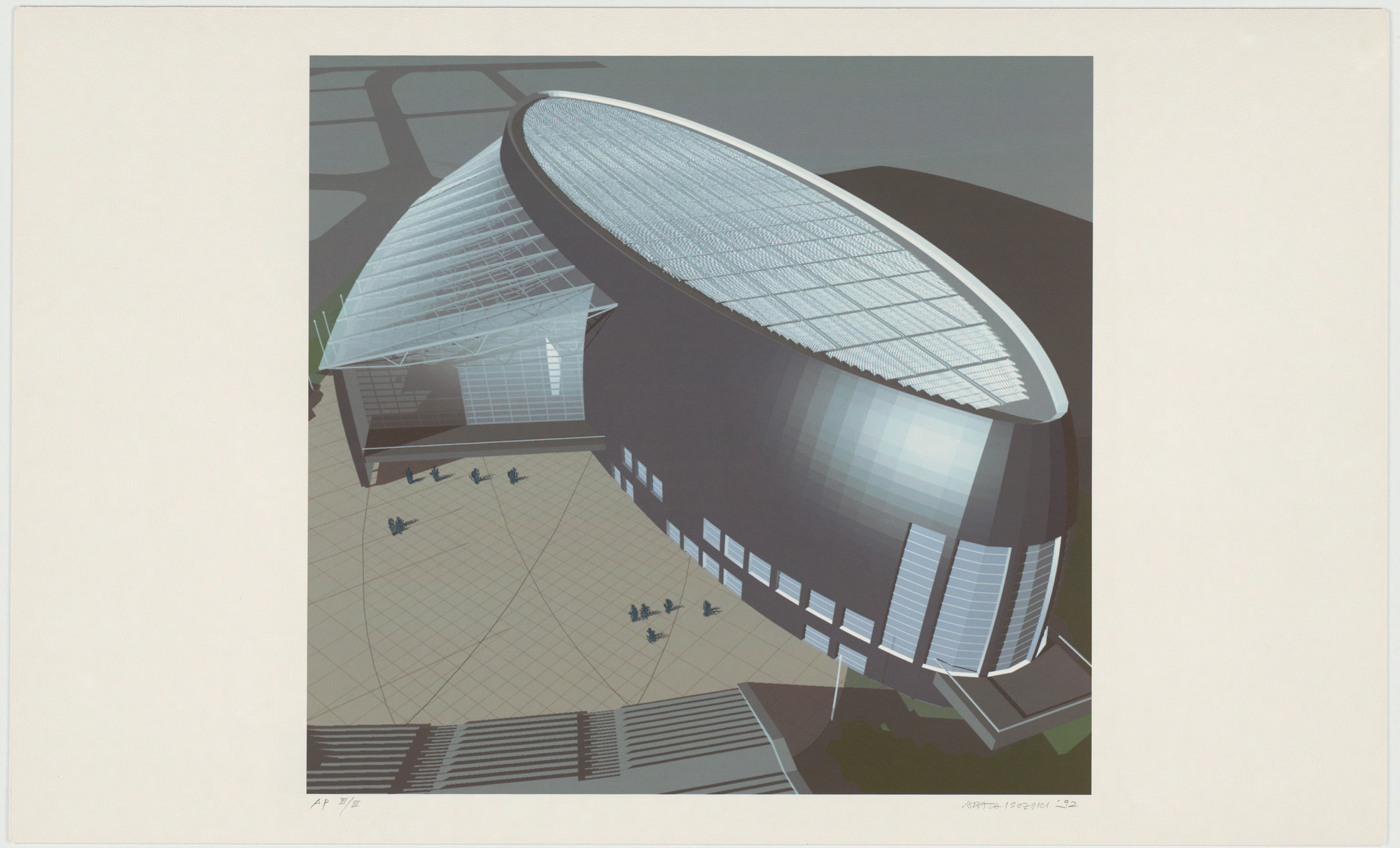 Arata Isozaki. Nara Convention Hall, Nara, Japan, Exterior perspective ...