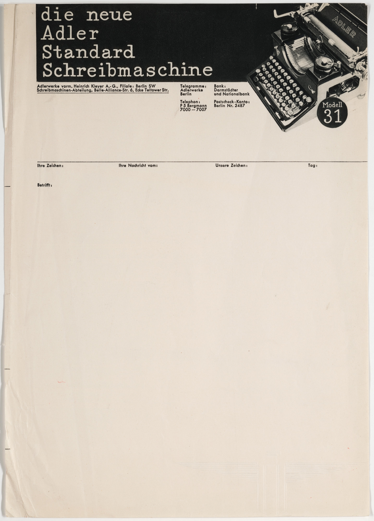 Herbert Bayer. Adler Werke, Berlin letterhead. 1931 | MoMA